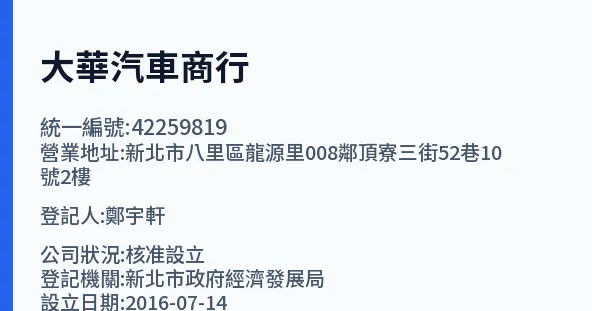 大華汽車商行的照片-統編 42259819(新北市) 公司登記資料與營業項目詳細圖表