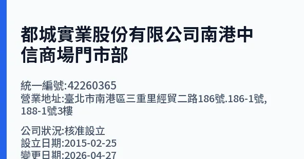 都城實業股份有限公司南港中信商場門市部的照片-統編 42260365(臺北市) 公司登記資料與營業項目詳細圖表