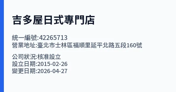 吉多屋日式專門店的照片-統編 42265713(臺北市) 公司登記資料與營業項目詳細圖表