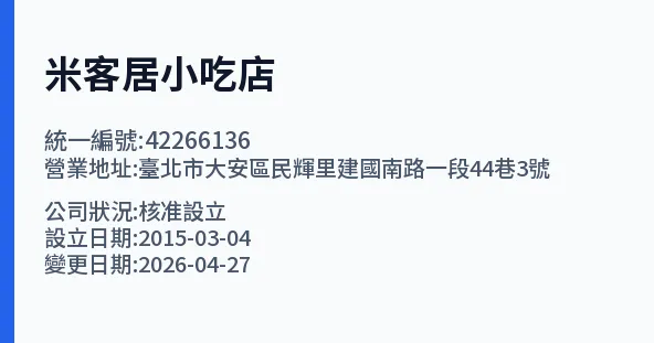 米客居小吃店的照片-統編 42266136(臺北市) 公司登記資料與營業項目詳細圖表