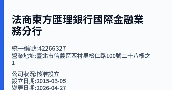 法商東方匯理銀行國際金融業務分行的照片-統編 42266327(臺北市) 公司登記資料與營業項目詳細圖表