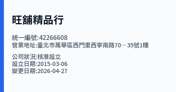 旺舖精品行的照片-統編 42266608(臺北市) 公司登記資料與營業項目詳細圖表