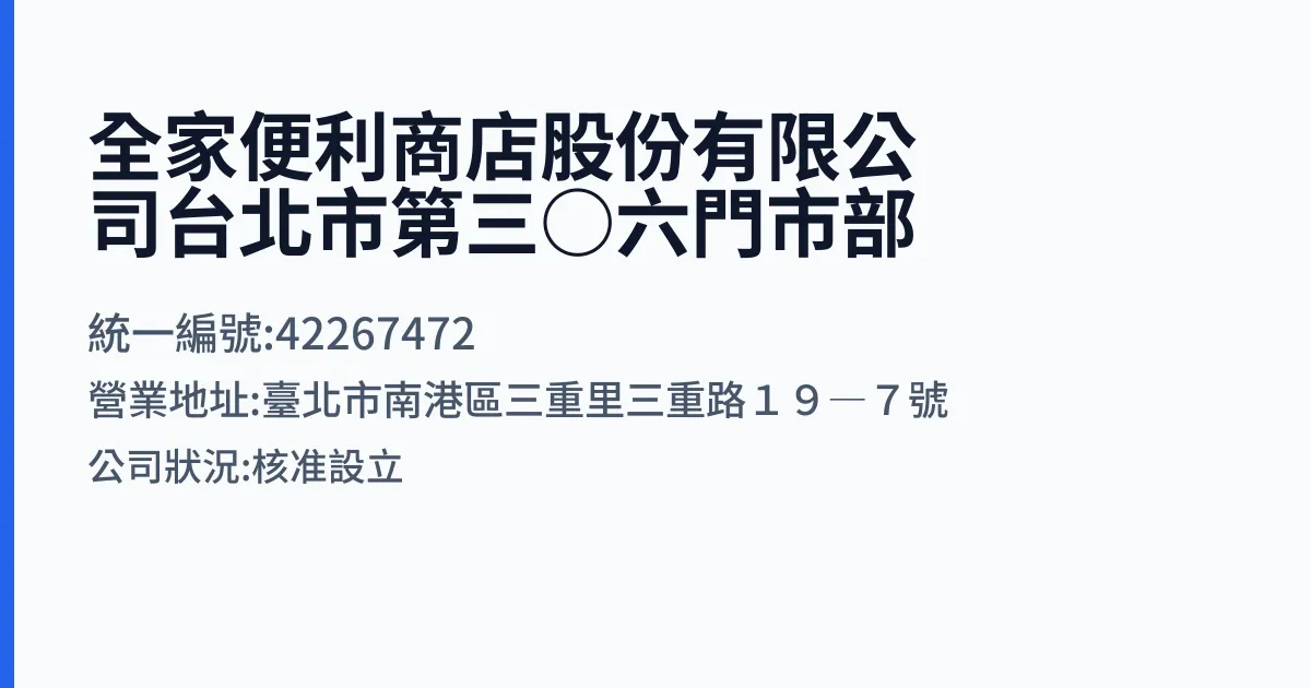 全家便利商店股份有限公司台北市第三○六門市部 - 統編 42267472(臺北市) 公司登記資料與營業項目詳細圖表