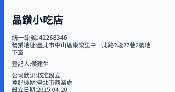 晶鑽小吃店的照片-統編 42268346(臺北市) 公司登記資料與營業項目詳細圖表