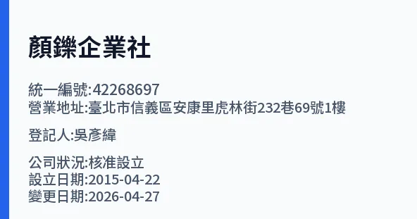 顏鑠企業社的照片-統編 42268697(臺北市) 公司登記資料與營業項目詳細圖表