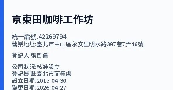 京東田咖啡工作坊的照片-統編 42269794(臺北市) 公司登記資料與營業項目詳細圖表