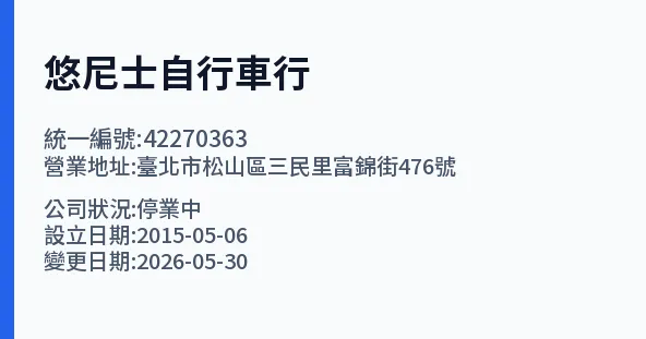 悠尼士自行車行的照片-統編 42270363(臺北市) 公司登記資料與營業項目詳細圖表