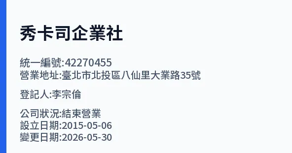 秀卡司企業社的照片-統編 42270455(臺北市) 公司登記資料與營業項目詳細圖表