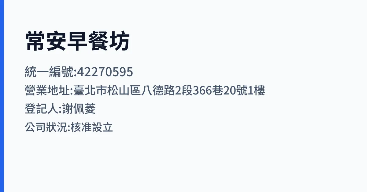 常安早餐坊 - 統編 42270595(臺北市) 公司登記資料與營業項目詳細圖表