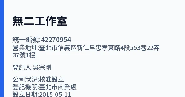 無二工作室的照片-統編 42270954(臺北市) 公司登記資料與營業項目詳細圖表