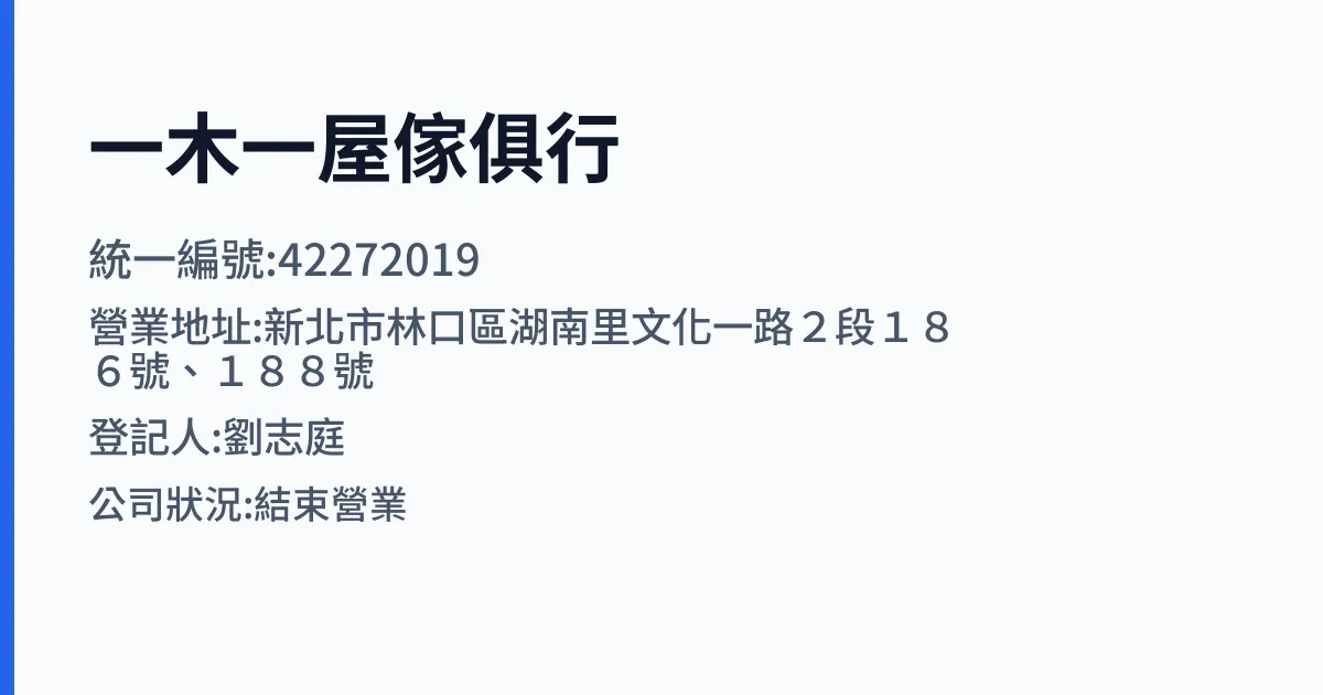 一木一屋傢俱行 - 統編 42272019(新北市) 公司登記資料與營業項目詳細圖表