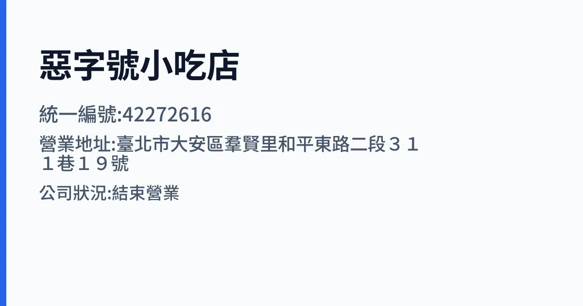 惡字號小吃店 - 統編 42272616(臺北市) 公司登記資料與營業項目詳細圖表