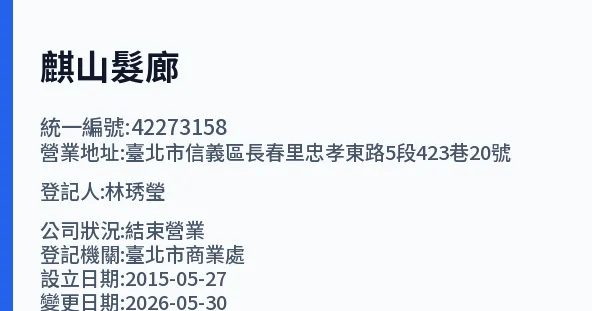 麒山髮廊的照片-統編 42273158(臺北市) 公司登記資料與營業項目詳細圖表
