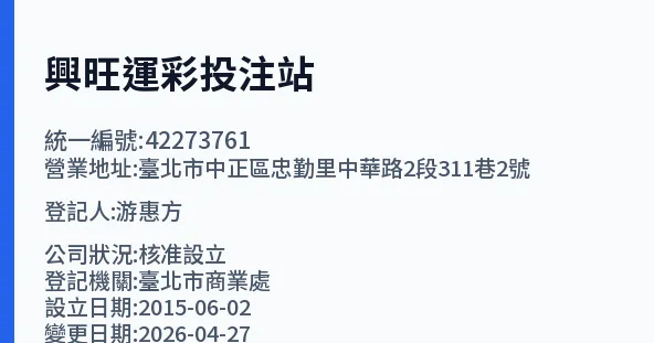 興旺運彩投注站的照片-統編 42273761(臺北市) 公司登記資料與營業項目詳細圖表