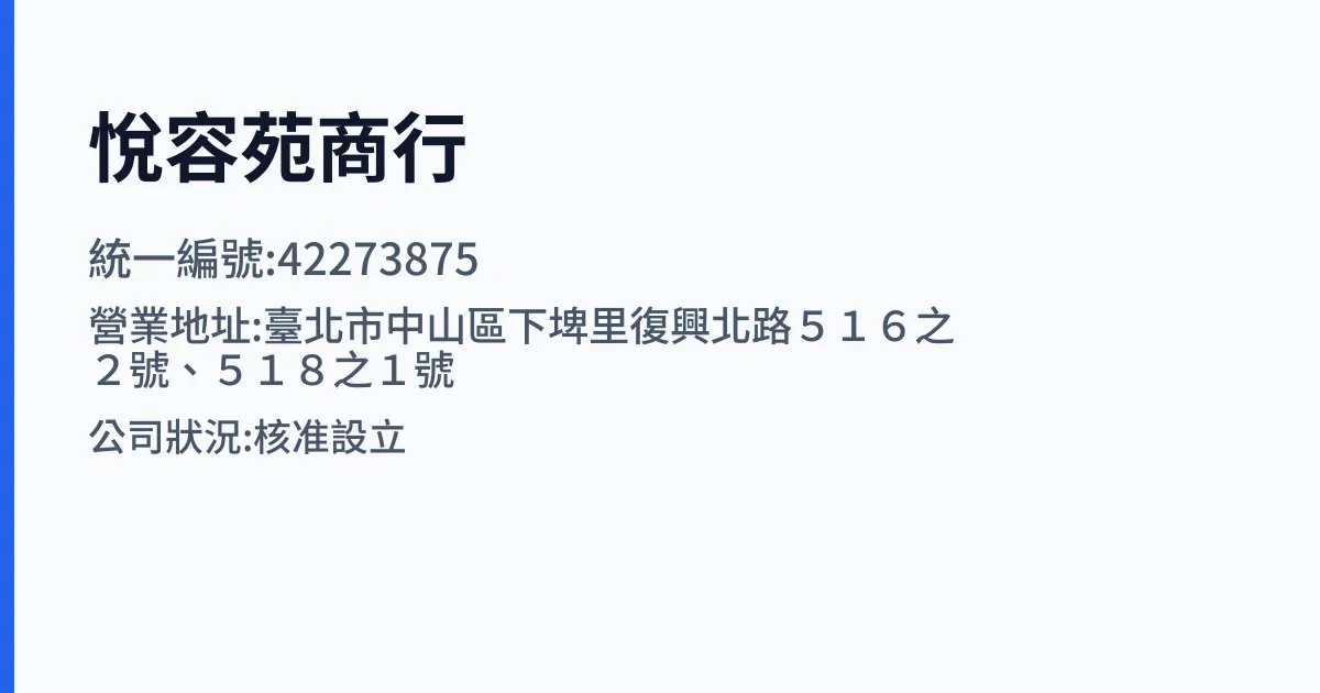 悅容苑商行 - 統編 42273875(臺北市) 公司登記資料與營業項目詳細圖表