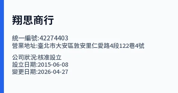 翔思商行的照片-統編 42274403(臺北市) 公司登記資料與營業項目詳細圖表