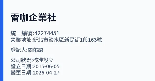 雷咖企業社的照片-統編 42274451(新北市) 公司登記資料與營業項目詳細圖表