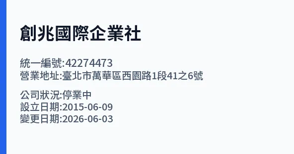 創兆國際企業社的照片-統編 42274473(臺北市) 公司登記資料與營業項目詳細圖表