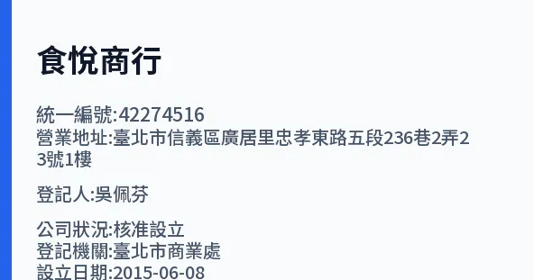食悅商行的照片-統編 42274516(臺北市) 公司登記資料與營業項目詳細圖表