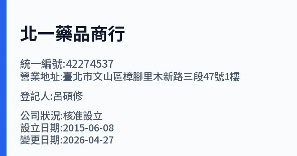 北一藥品商行的照片-統編 42274537(臺北市) 公司登記資料與營業項目詳細圖表