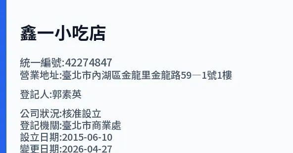 鑫一小吃店的照片-統編 42274847(臺北市) 公司登記資料與營業項目詳細圖表