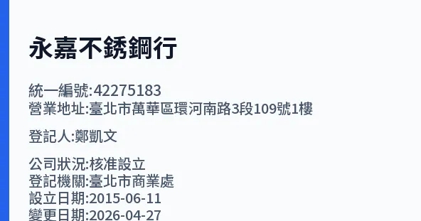 永嘉不銹鋼行的照片-統編 42275183(臺北市) 公司登記資料與營業項目詳細圖表