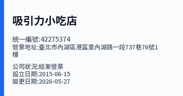 吸引力小吃店的照片-統編 42275374(臺北市) 公司登記資料與營業項目詳細圖表