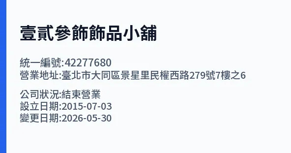 壹貳參飾飾品小舖的照片-統編 42277680(臺北市) 公司登記資料與營業項目詳細圖表