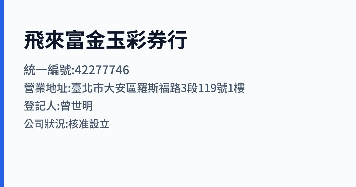 飛來富金玉彩券行 - 統編 42277746(臺北市) 公司登記資料與營業項目詳細圖表