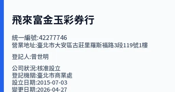 飛來富金玉彩券行的照片-統編 42277746(臺北市) 公司登記資料與營業項目詳細圖表