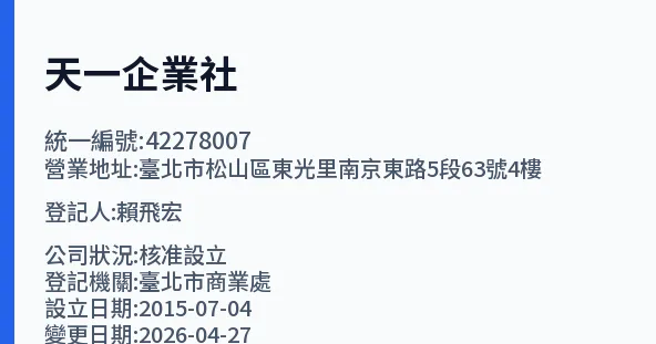 天一企業社的照片-統編 42278007(臺北市) 公司登記資料與營業項目詳細圖表