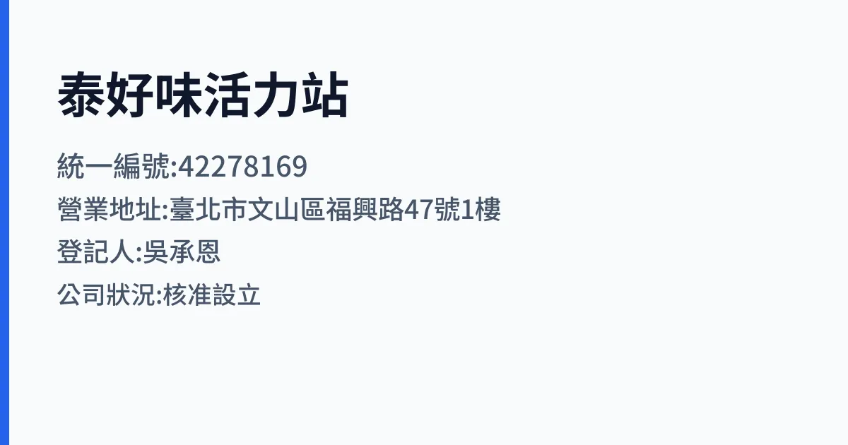 泰好味活力站 - 統編 42278169(臺北市) 公司登記資料與營業項目詳細圖表