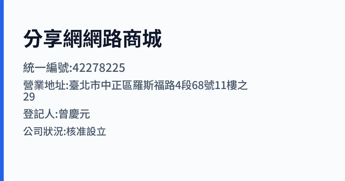 分享網網路商城 - 統編 42278225(臺北市) 公司登記資料與營業項目詳細圖表