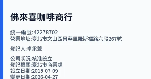 佛來喜咖啡商行的照片-統編 42278702(臺北市) 公司登記資料與營業項目詳細圖表