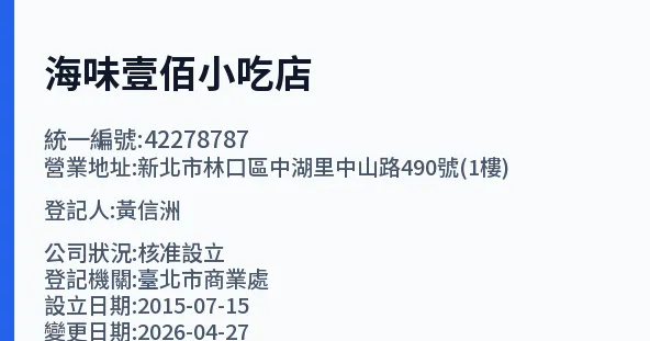 海味壹佰小吃店的照片-統編 42278787(新北市) 公司登記資料與營業項目詳細圖表