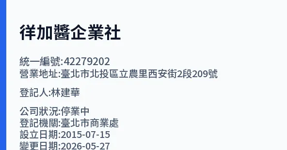 徉加醬企業社的照片-統編 42279202(臺北市) 公司登記資料與營業項目詳細圖表