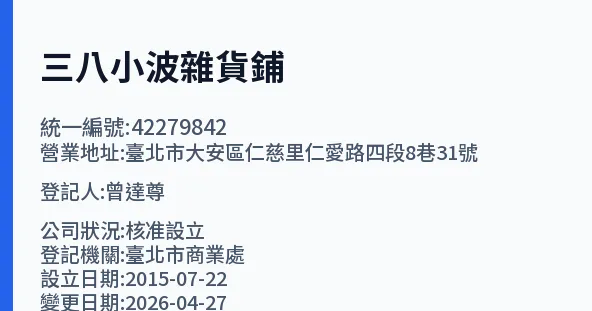 三八小波雜貨鋪的照片-統編 42279842(臺北市) 公司登記資料與營業項目詳細圖表