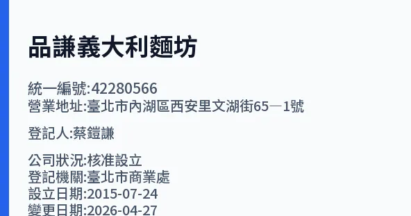 品謙義大利麵坊的照片-統編 42280566(臺北市) 公司登記資料與營業項目詳細圖表