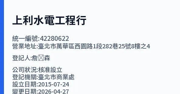 上利水電工程行的照片-統編 42280622(臺北市) 公司登記資料與營業項目詳細圖表