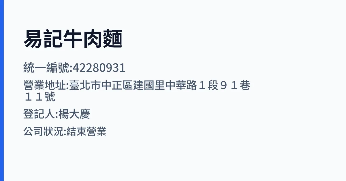 易記牛肉麵 - 統編 42280931(臺北市) 公司登記資料與營業項目詳細圖表