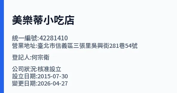 美樂蒂小吃店的照片-統編 42281410(臺北市) 公司登記資料與營業項目詳細圖表