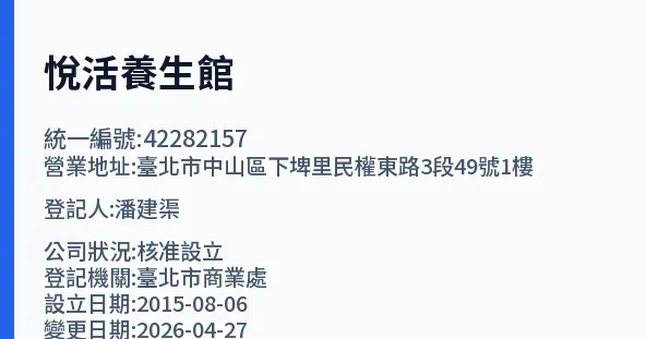 悅活養生館的照片-統編 42282157(臺北市) 公司登記資料與營業項目詳細圖表
