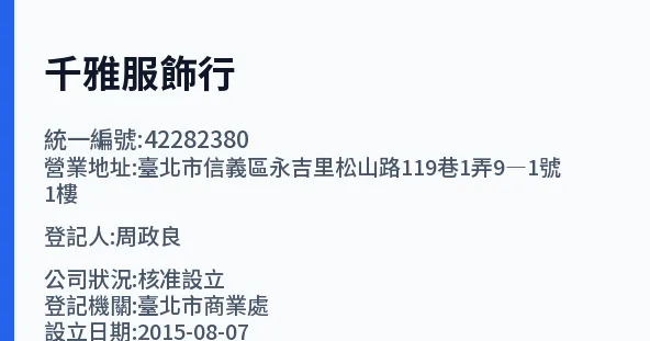 千雅服飾行的照片-統編 42282380(臺北市) 公司登記資料與營業項目詳細圖表