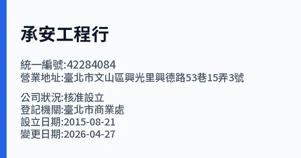 承安工程行的照片-統編 42284084(臺北市) 公司登記資料與營業項目詳細圖表
