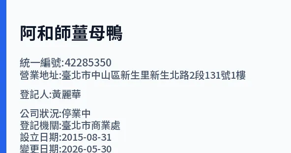 阿和師薑母鴨的照片-統編 42285350(臺北市) 公司登記資料與營業項目詳細圖表
