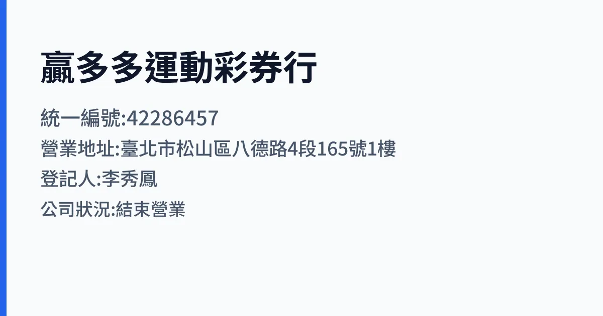 贏多多運動彩券行 - 統編 42286457(臺北市) 公司登記資料與營業項目詳細圖表