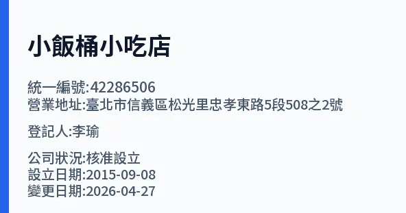 小飯桶小吃店的照片-統編 42286506(臺北市) 公司登記資料與營業項目詳細圖表