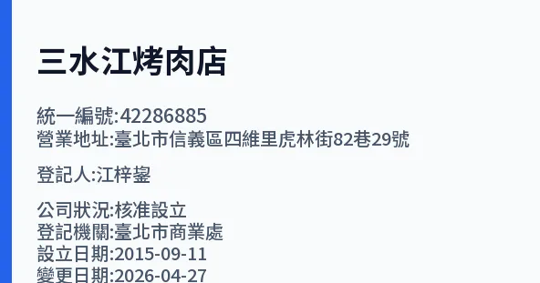 三水江烤肉店的照片-統編 42286885(臺北市) 公司登記資料與營業項目詳細圖表