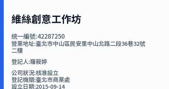 維絲創意工作坊的照片-統編 42287250(臺北市) 公司登記資料與營業項目詳細圖表