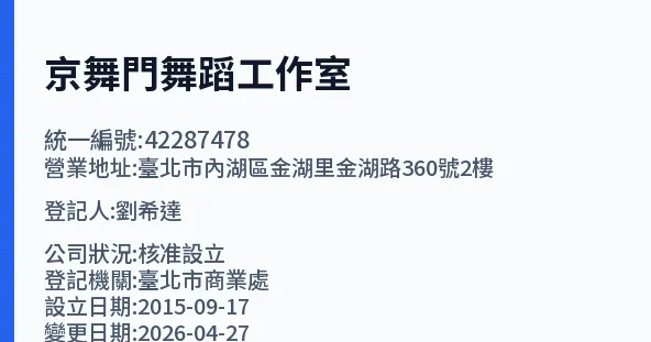京舞門舞蹈工作室的照片-統編 42287478(臺北市) 公司登記資料與營業項目詳細圖表